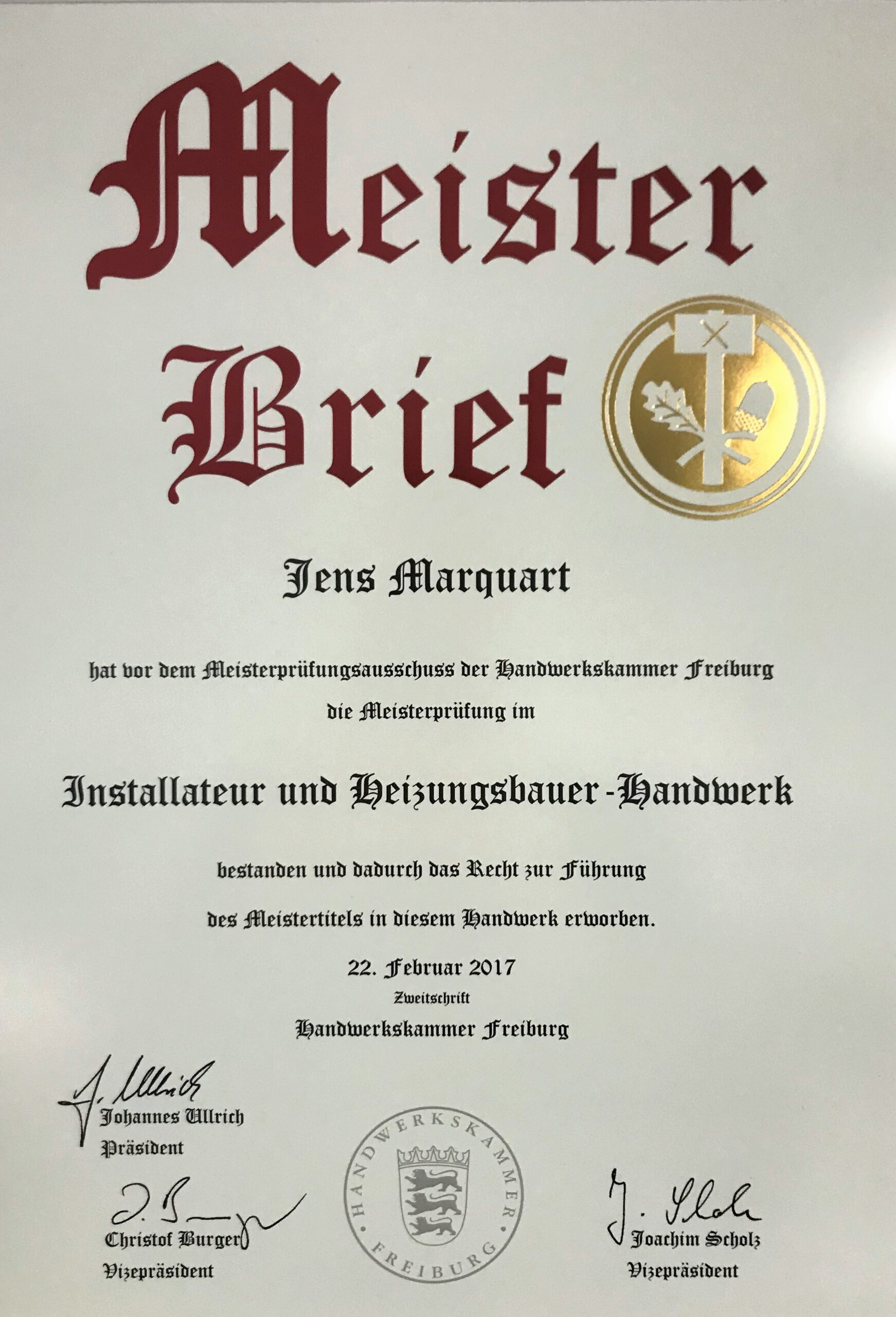 Meisterbrief Jens Marquart – Marquart